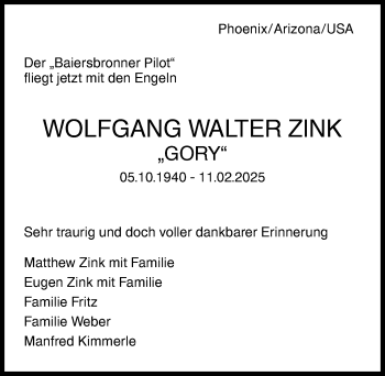 Traueranzeigen von Wolfgang Walter Zink | Schwarzwälder Bote Trauer