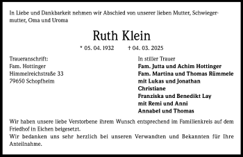 Traueranzeigen von Ruth Klein | Schwarzwälder Bote Trauer