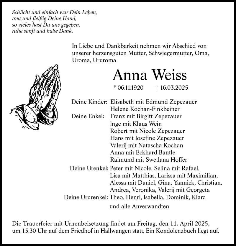 Traueranzeigen von Anna Weiss | Schwarzwälder Bote Trauer
