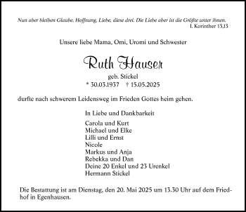 Traueranzeigen von Ruth Hauser | Schwarzwälder Bote Trauer