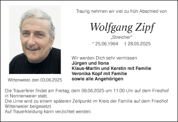 Traueranzeigen von Wolfgang Zipf | Schwarzwälder Bote Trauer