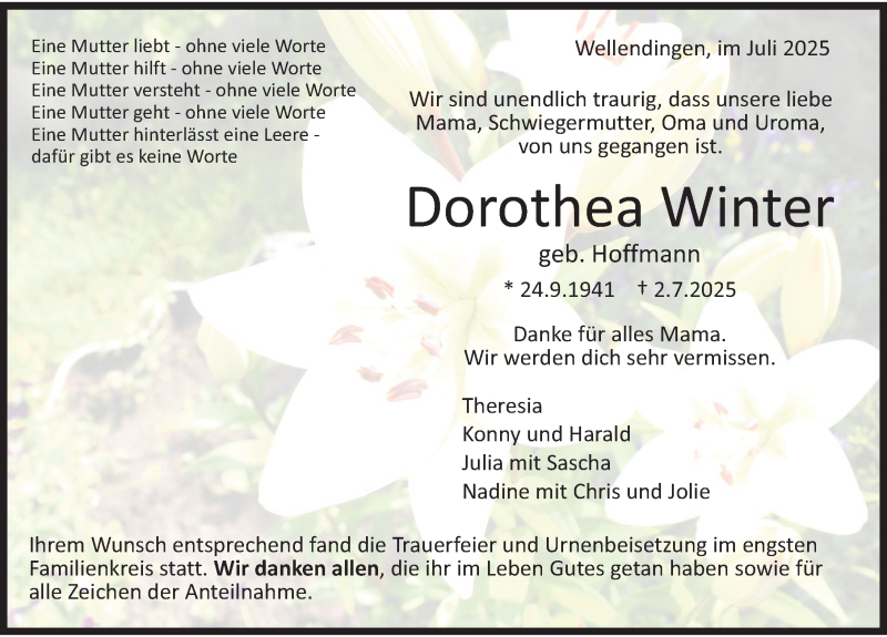Traueranzeigen von Dorothea Winter | Schwarzwälder Bote Trauer