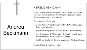 Traueranzeigen von Andrea Beckmann | Schwarzwälder Bote Trauer