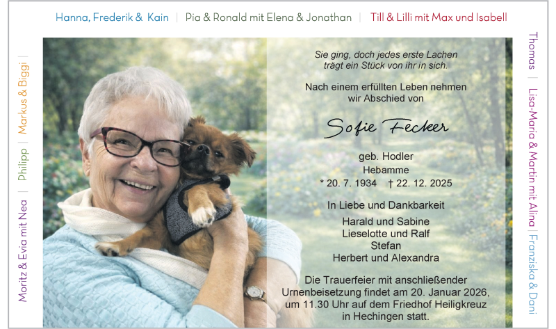 Traueranzeigen von Sofie Fecker | Schwarzwälder Bote Trauer